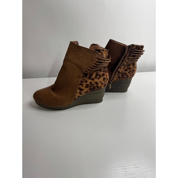 Shoes | Womens Brown Leopard Print Wedge Ankle Boots Side Zip Faux ...